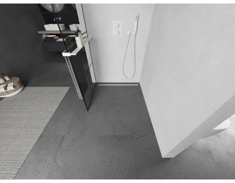 Mexen Kioto+, sprchová zástěna Walk-In s poličkou a věšákem 80 x 200 cm, 8mm čiré sklo černý vzor, bílý profil, 800-080-121-20-77