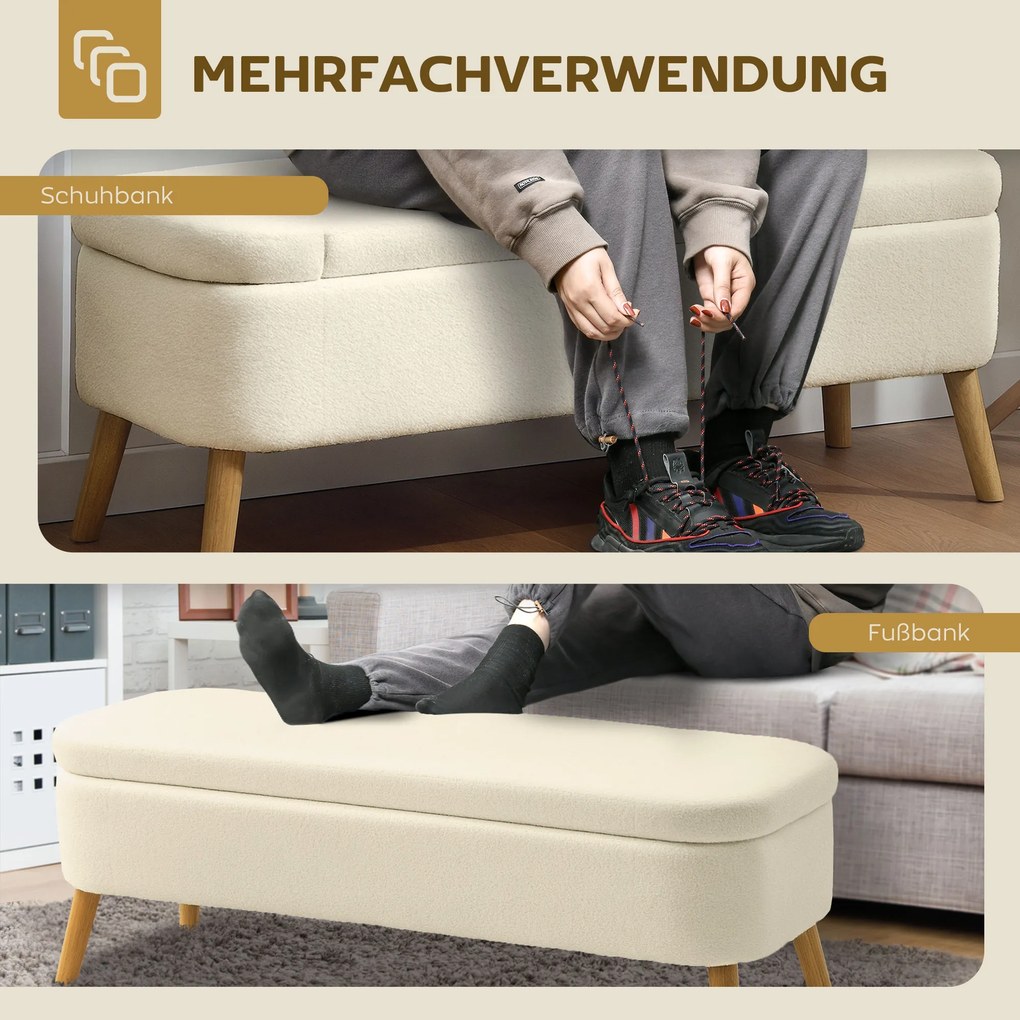 HOMCOM Úložná lavice, sedací lavice s úložným prostorem 65 l, materiál teddy-fleece, kaučukové dřevo, 120 x 42 x 45 cm, béžová