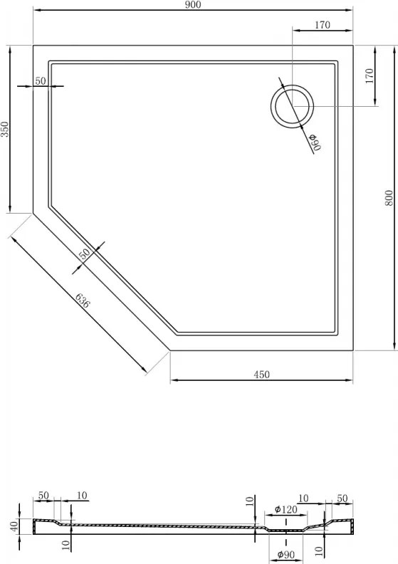 Mexen Flow Slim, pravostranná pětiúhelníková sprchová vanička 90 x 80 cm, bílá lesklá, 46P108090R