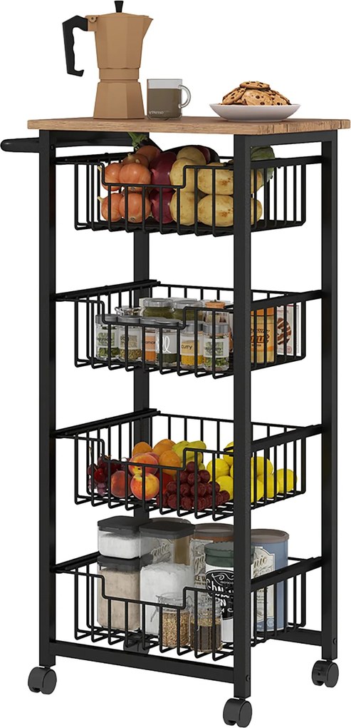 HOMCOM Kuchyňský vozík s pracovním stolem, 4 výsuvné ocelové koše, pojízdný vozík do kanceláře, 49,5 x 31 x 91 cm, Dub | Aosom