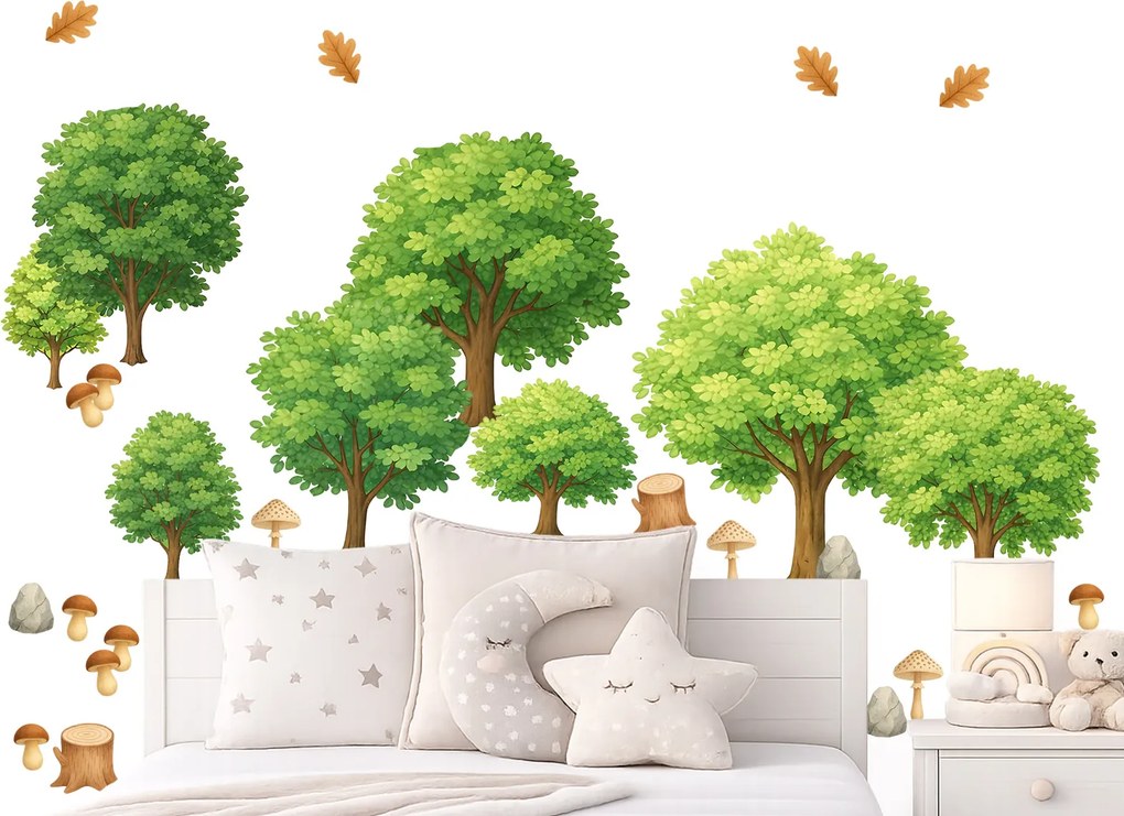 Sada listnatých stromů textilní přelepitelné samolepky na zeď arch 75 x 60 cm