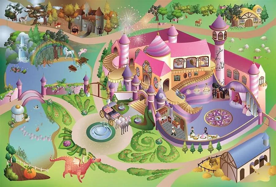 HOUSE OF KIDS Dětský hrací koberec Zámek princezna 3D 100x150 zelenorůžový