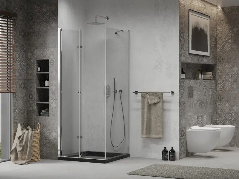Mexen Lima, sprchový kout se skládacími dveřmi 80 (dveře) x 80 (stěna) cm, 6mm čiré sklo, chromový profil + slim sprchová vanička černá + chromový sifon, 856-080-080-01-00-4070