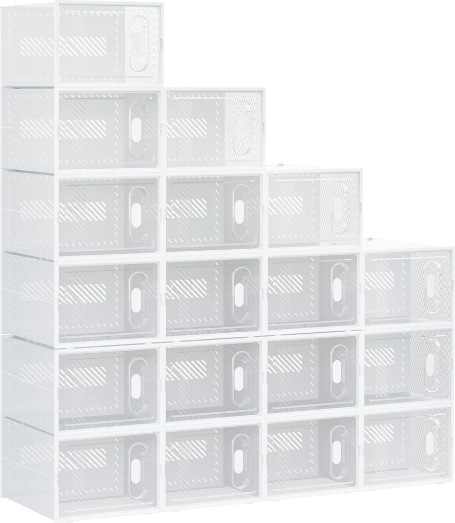 HOMCOM Sada 18 Regalů na Boty, Organizér na Boty s Magnetickými Dveřmi, Box na Boty s Víkem, Plastové Úložiště pro Boty až do Velikosti 45, Průhledný