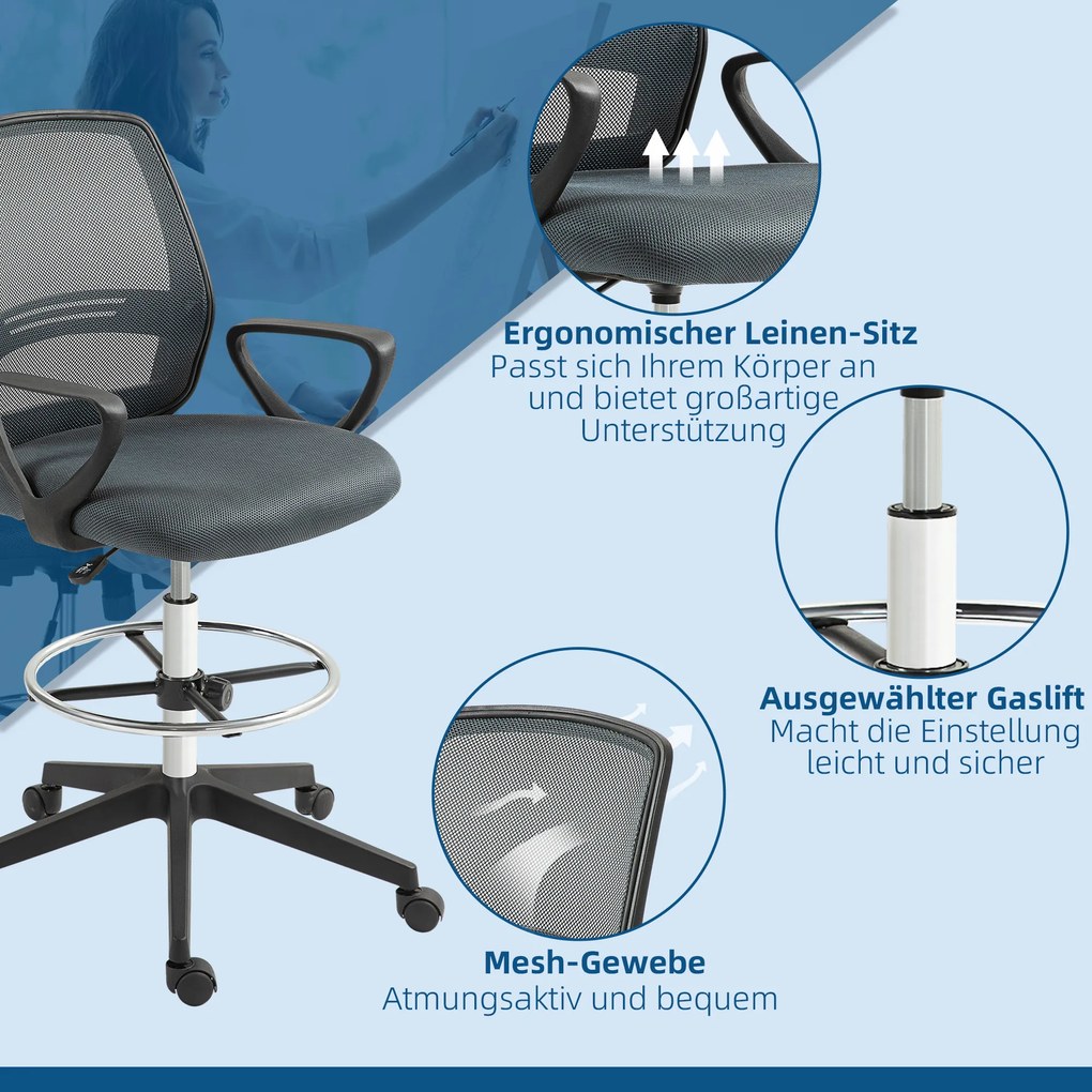 Vinsetto Kancelářská židle ergonomická židle ke stolu s područky a nastavitelným opěrným kroužkem, síťovina šedá
