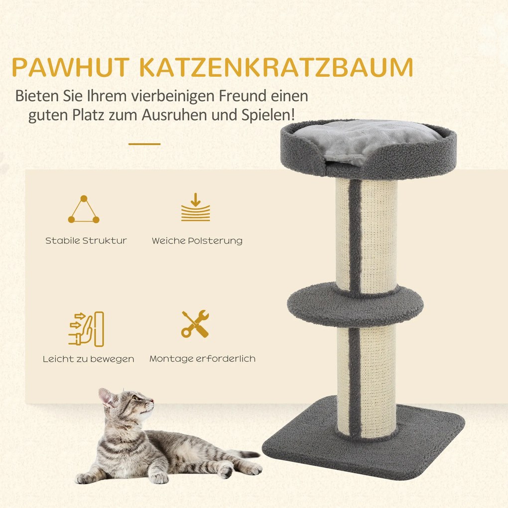 Škrabadlo PawHut pro kočky, stabilní škrabadlo s plošinou, sisal, nosnost 30 kg, šedé, pro aktivní hru a odpočinek