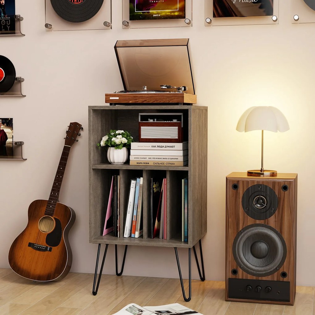 Costway Stojan na gramofon s nabíjecí stanicí Vinylová – šedá