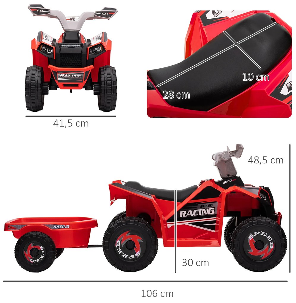 HOMCOM Prodám elektrickou čtyřkolku, s přívěsem, rychlost vpřed a vzad, oděruvzdorná kola, kovová, pro 1,5-3 roky, nosnost 25 kg, červená| Aosom