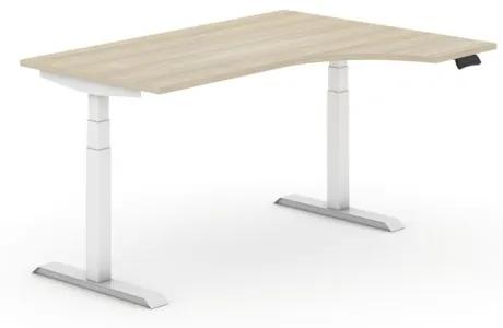 Výškově nastavitelný stůl, elektrický, 625-1275 mm, ergonomický pravý, deska 1600x1200 mm, dub, bílá podnož