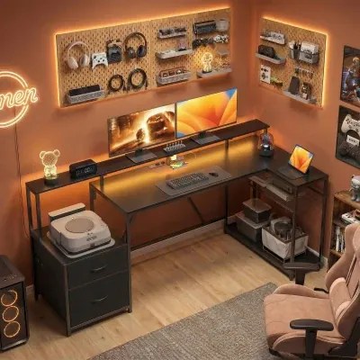 HOMCOM rohový herní stůl s přední hub zásuvkou, LED osvětlením a držákem monitoru, ze dřeva a oceli, 192,5x80x86,5 cm, černá