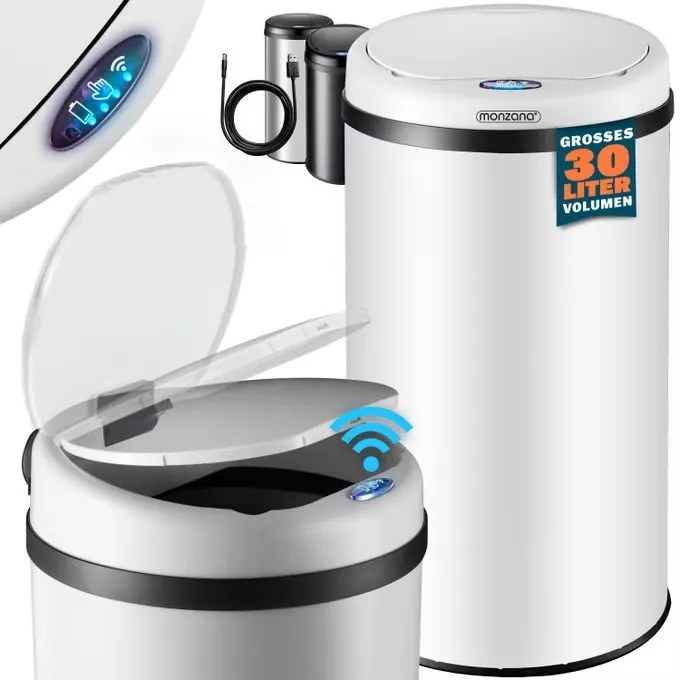 Bezdotykový odpadkový koš 30 l, bílý, nerezová ocel 109761