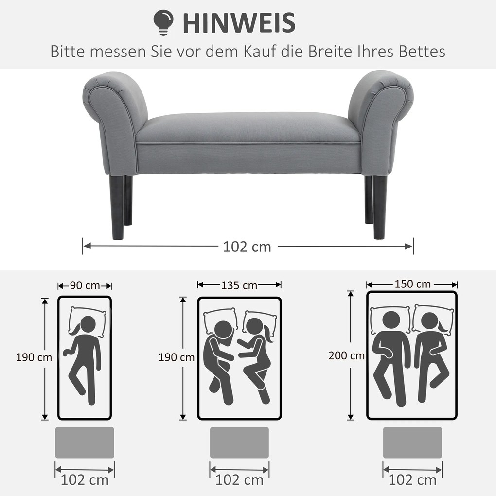 HOMCOM Lavice k posteli, čalouněná lavice, sedací lavice, lavice do ložnice, nosnost až 130 kg, plátno, tmavě šedá, 102 x 36 x 51 cm | Aosom