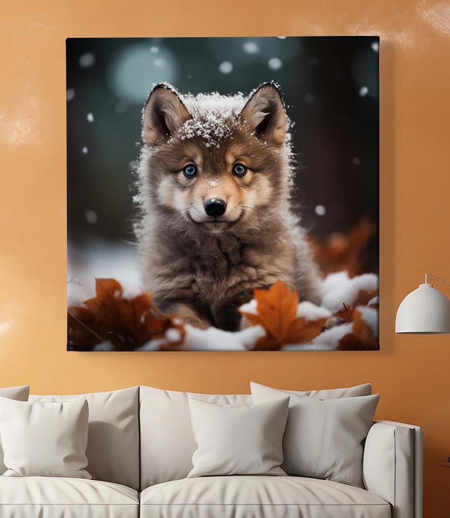 Obraz na plátně - Mládě vlka vyčkává ve sněhu FeelHappy.cz Velikost obrazu: 60 x 60 cm