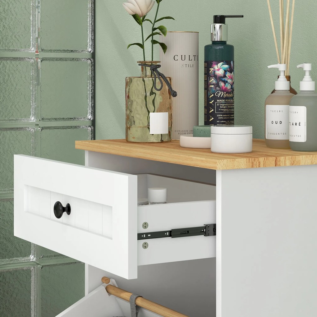 HOMCOM Koupelnová Úložná Skříňka S Vaničkou Na Prádlo A Zásuvkou, Design Proti převrácení, Moderní Koupelnový Nábytek 52x33x90 cm Bílá