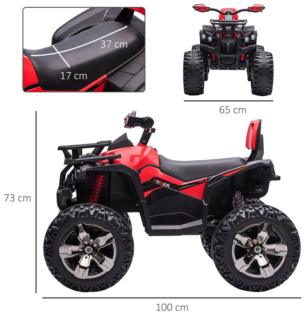 HOMCOM elektrická čtyřkolka 12V dětská čtyřkolka se světlomety a USB připojením, hudební přehrávač MP3, pro 3-5 let, 3-8 km/h, kovová, červená