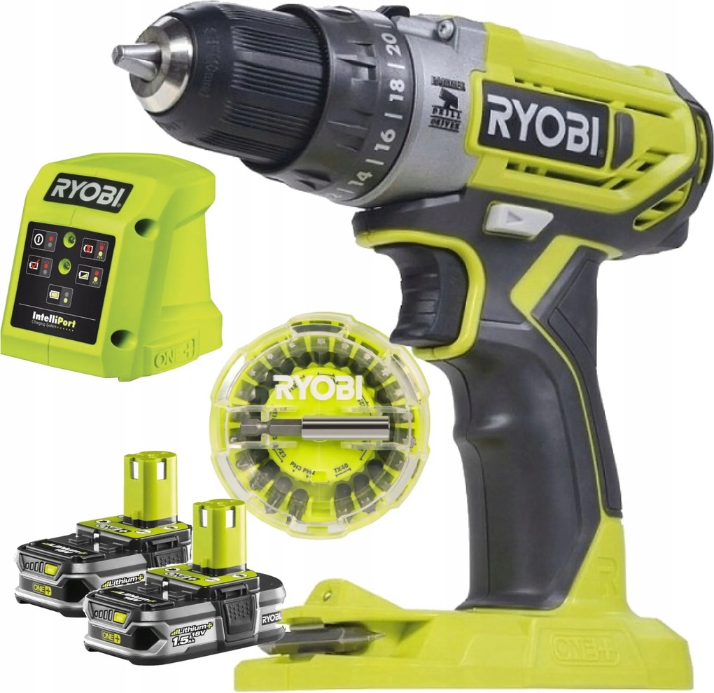 Ryobi aku vrtačka 18V 2x1.5Ah nabíječka sada bitů 22 ks