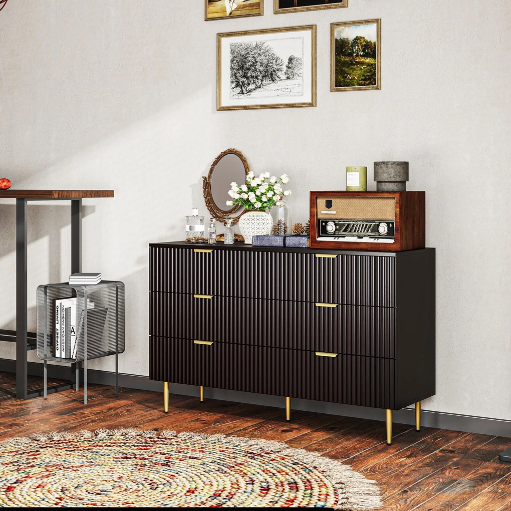 HOMCOM moderní komoda se 6 zásuvkami se zlatými úchyty, 120x40x76,5 cm, černá