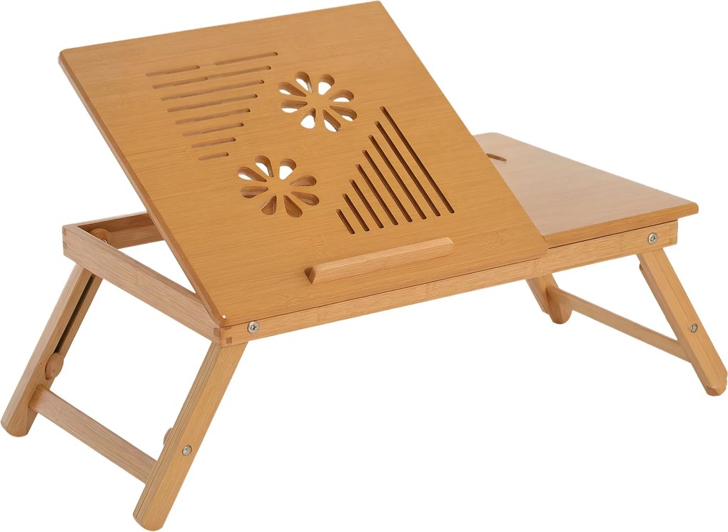HOMCOM Bambusový stůl pro notebook, podnos na snídani, skládací, polohovatelný, nastavitelná výška, 1 zásuvka, 55x35x22-32,5 cm | Aosom
