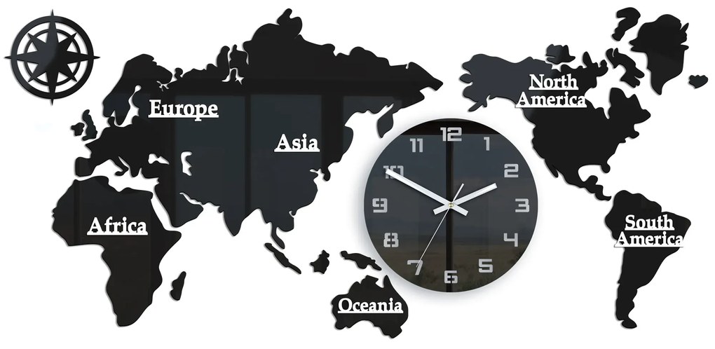 Nástěnné samolepící hodiny Mapa světa 110x55 cm černé