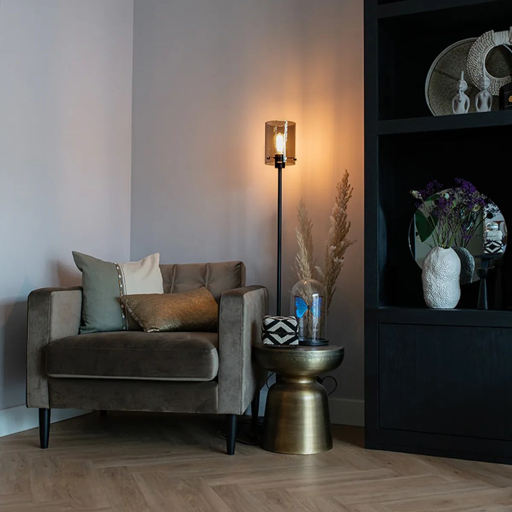Designová stojací lampa černá s kouřovým sklem - Dome