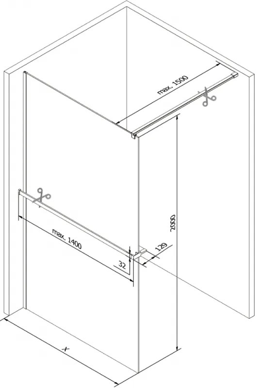 Mexen Kioto+, sprchová zástěna Walk-In s poličkou a věšákem 140 x 200 cm, 8mm čiré sklo-námraza, grafitový profil, 800-140-121-95-35