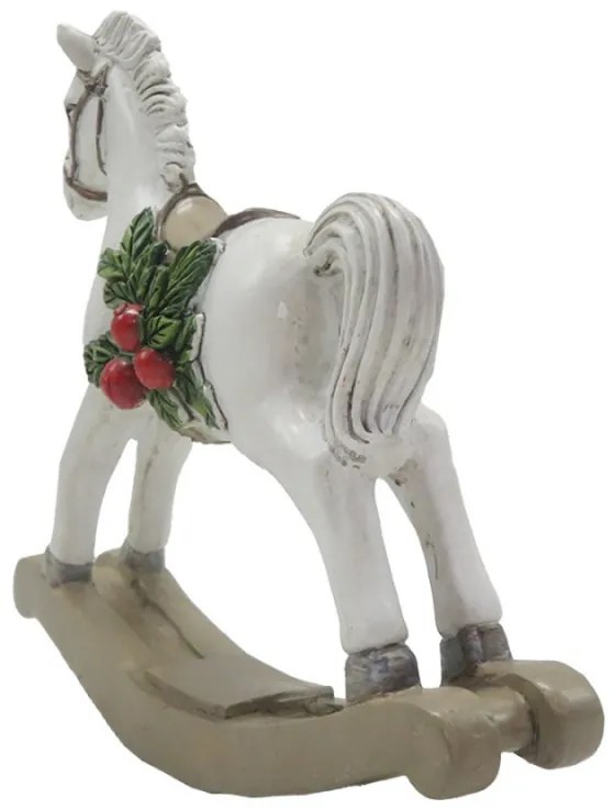 Dekorativní figurka bílý houpací koník s cesmínou – 11 cm cm