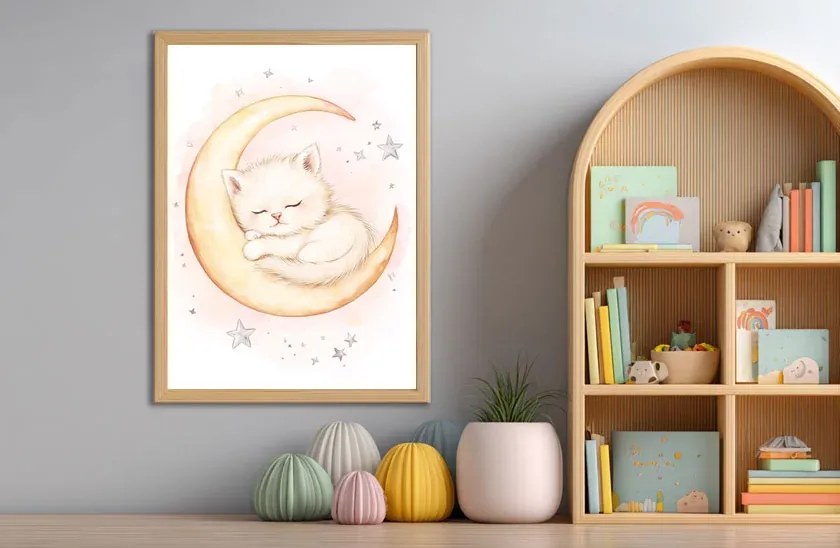 Koťátko mezi hvězdami - obraz - Spící koťátko na měsíci 76 - 70 x 100 cm - 1 149 Kč