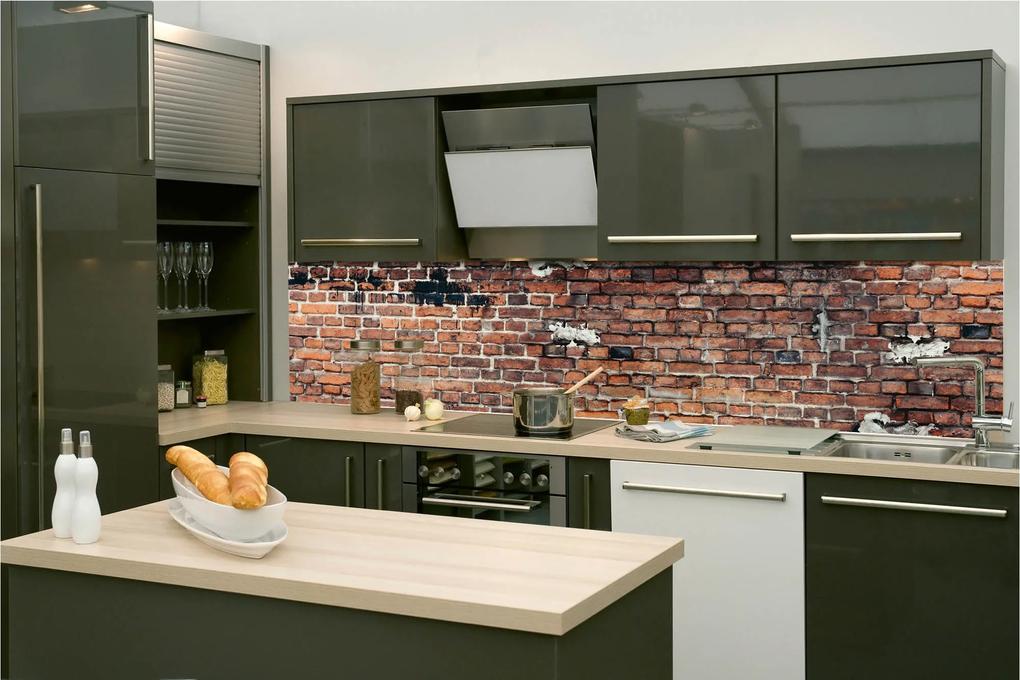 DIMEX | Fototapeta do kuchyně Oprýskaná cihlová zeď KI-260-305 | 260 x 60 cm | hnědá, černá