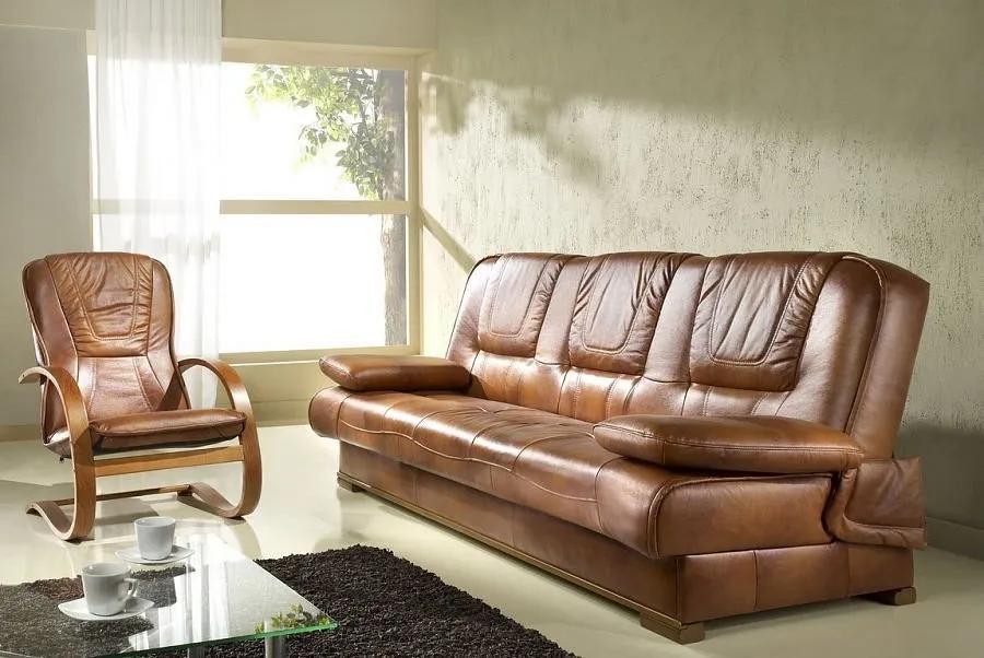 Casarredo - Komfort nábytek Rozkládací trojmístná pohovka ERIKA s úložným prostorem, kůže | potah: kůže Cappuccino,Vyberte si moření dřeva:: moření dub sonoma