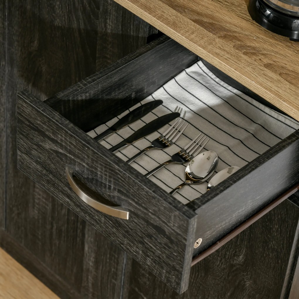 HOMCOM Moderní kuchyňská komoda s bufetem, 6 dveří, 1 zásuvka + Velký pracovní stůl 101L x 39W x 180H cm, černé dřevo
