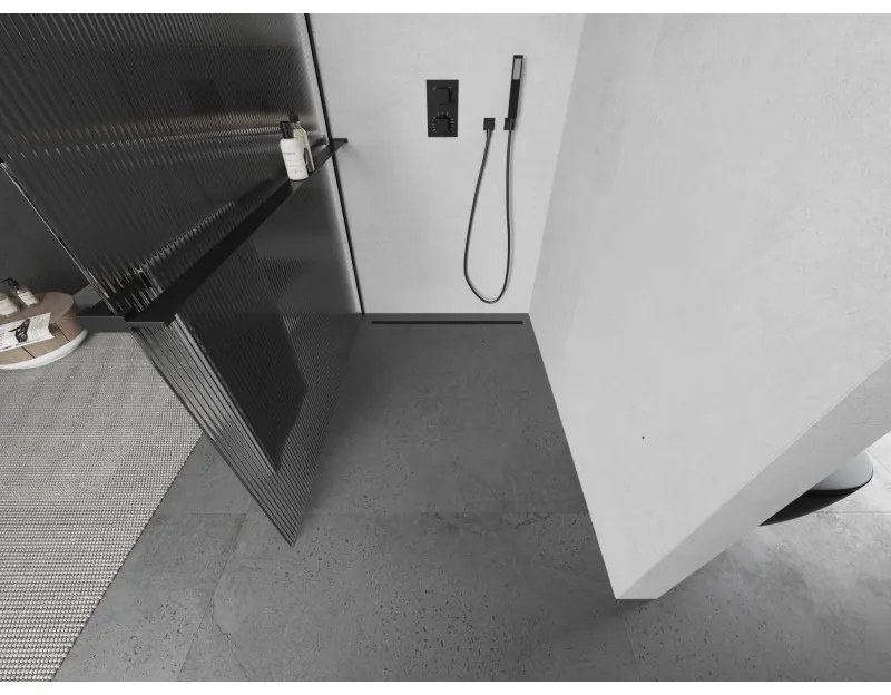 Mexen Kioto+ L, sprchová zástěna Walk-In s poličkou a věšákem 100 x 200 cm, 8mm sklo s žebrovým vzorem, černý profil, 800-100-123-70-09
