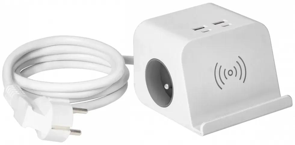 Stolní prodlužovací kabel s 2x zásuvkou 230V, 4x USB A+C a 1x indukční  bezdrátovou nabíječkou, šroubovací svorkou a kabelem 1.5m, barva bílá |  BIANO