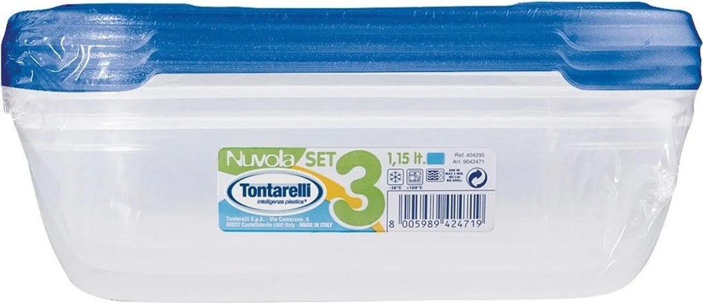 Tontarelli Dóza na potraviny NUVOLA Rectangular Set oceánová modrá 3x1,15 l