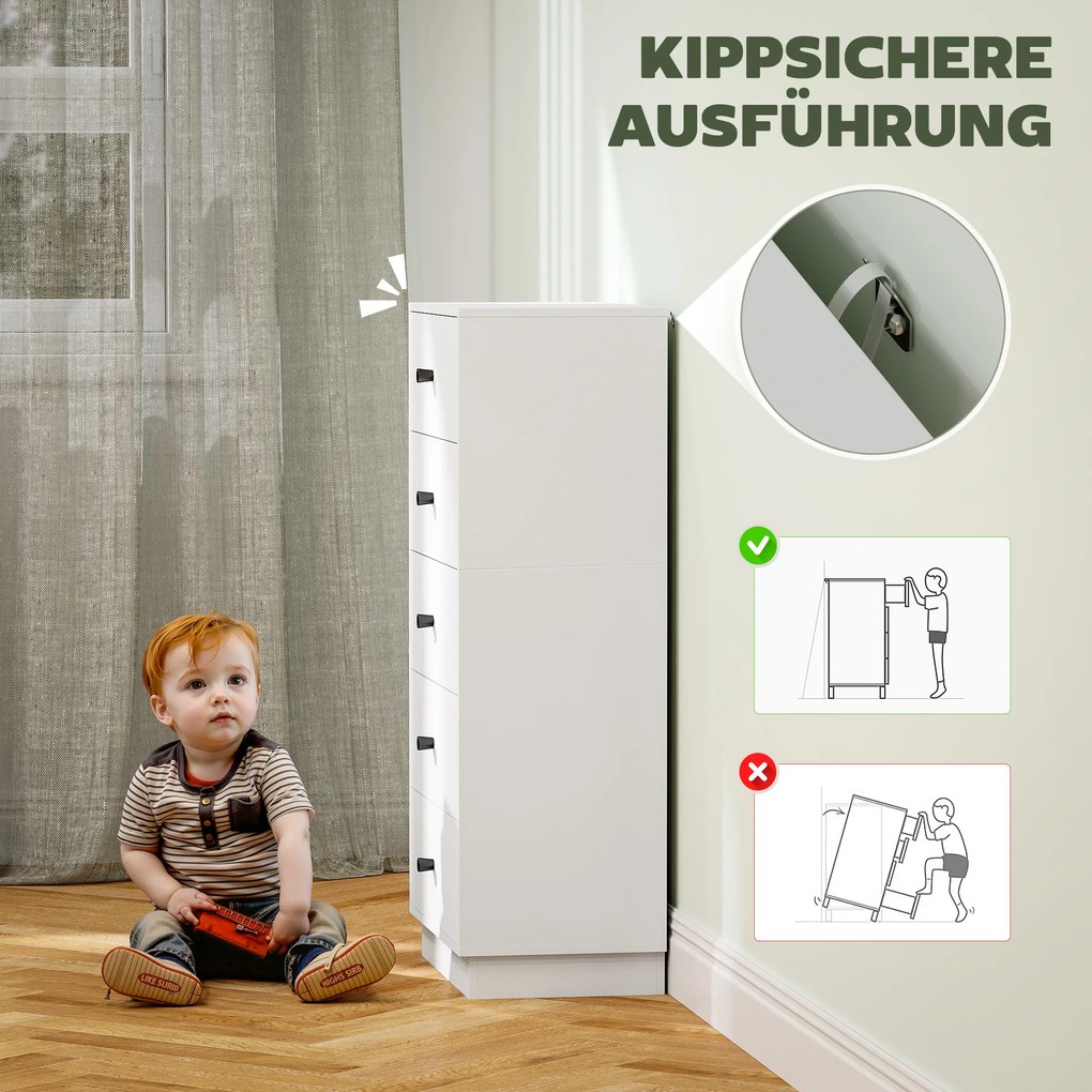 HOMCOM Komoda se 5 zásuvkami, dřevěný úložný kabinet v moderním stylu, 47 x 29 x 95 cm, bílá