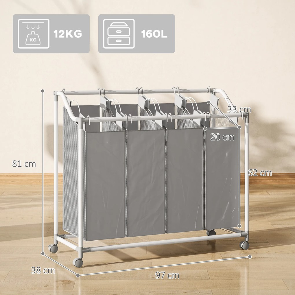 HOMCOM Koš na prádlo se 4 přihrádkami 160 L sběrač prádla s koly, vyjímatelný pytel na prádlo, 97 x 38 x 81 cm, šedá