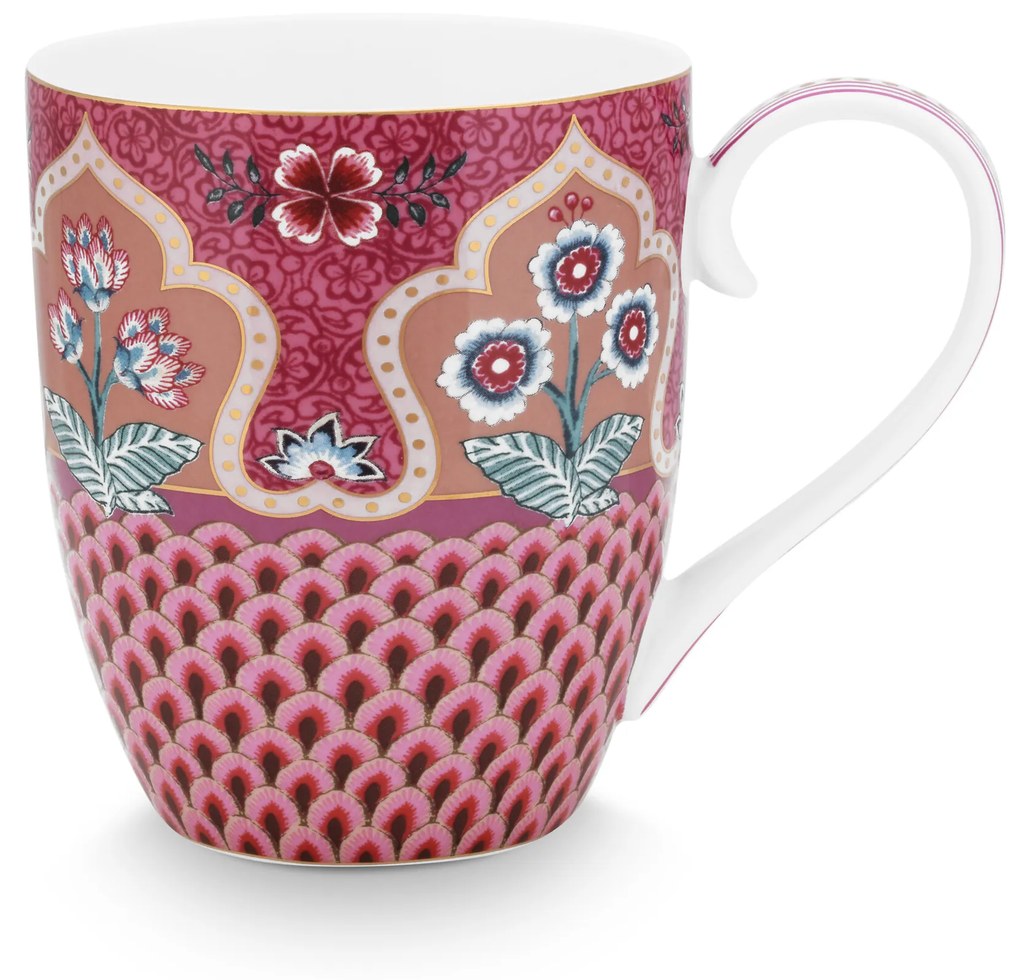 Pip Studio Flower Festival hrnek XL 440ml, tmavě růžový (Velký hnek Flower Festival)