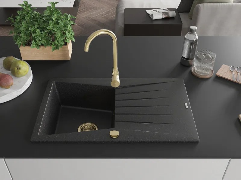 Mexen Cesar, granitový dřez 775x470x190 mm, 1-komorový, černá-stříbrná metalíza se zlatým sifonem, 6514771010-73-G