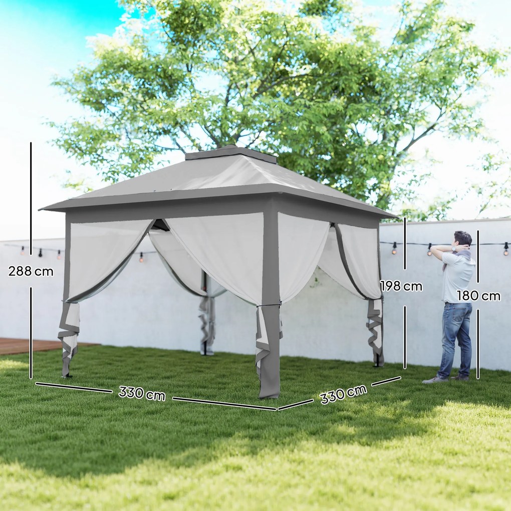 Outsunny skládací pavilon, zahradní pavilon, kov a plátno, síťové závěsy, odvodňovací otvory, 330D x 330Š x 288V cm, šedý 84C-300V01GY