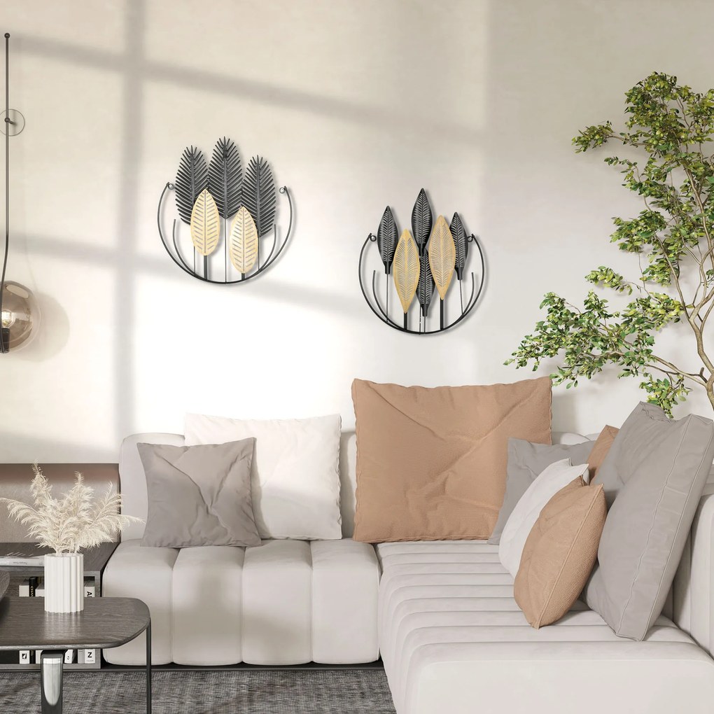 HOMCOM 3D nástěnné malby kovové 2-set listy nástěnné dekorace moderní pro obývací pokoj umění černá a příroda 40x46cm