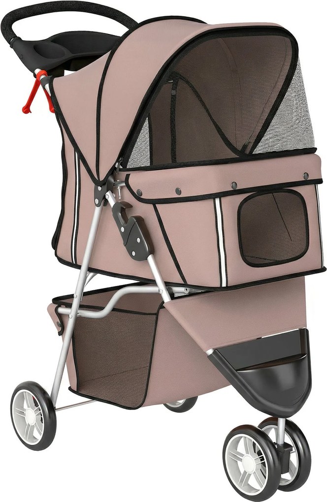 PawHut skládací kočárek pro malé psy s úložným košíkem, síťovinovými okny a držákem na nápoj — nosnost 10 kg, 77 x 44 x 102 cm, hnědý