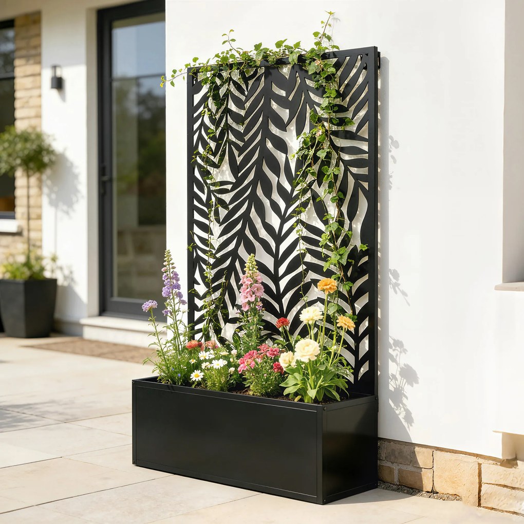 Truhlík na květináče s ochrannou mříží Truhlík na květináče s mříží s motivy tropických listů 61 x 23 x 113 cm Černá barva