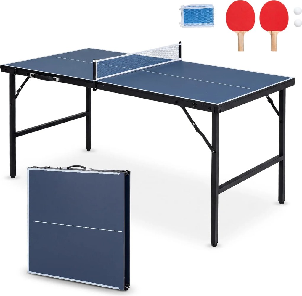 Costway Skládací stůl na stolní tenis se sítí a 2 pálkami a míčky Mini – modrý