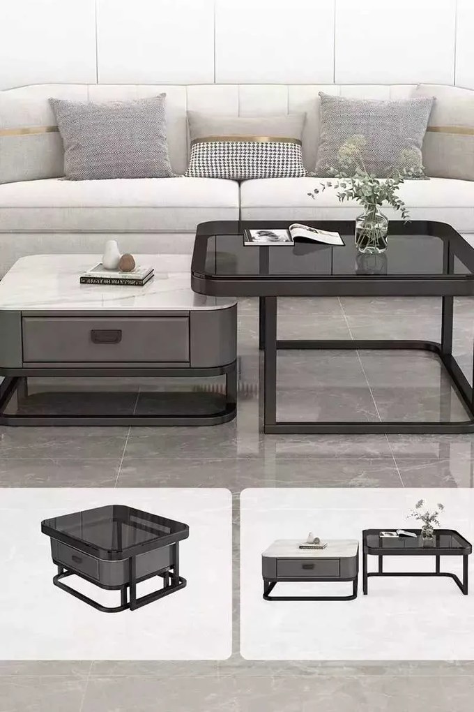 LuxuryForm DESIGN Konferenční stolek ARAGON 70 × 70 / 60 × 60 cm – šedý / bílý mramor (set 2 ks)