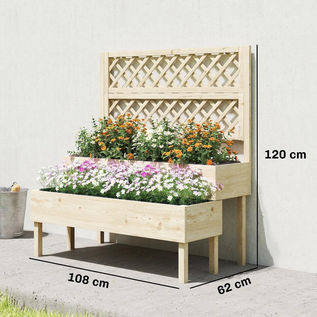 Outsunny dvoupatrový vyvýšený truhlík s mřížkou — 2 dřevěné truhlíky s látkovými vložkami pro popínavé rostliny, 108 × 62 × 120 cm