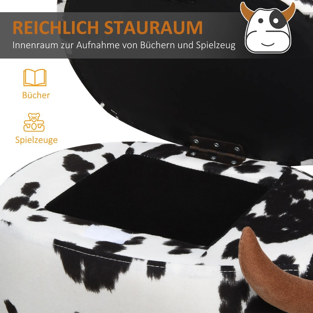 HOMCOM Zvířecí taburet Dekorativní taburet s úložným prostorem 62x35x36cm Čalouněný taburet v designu prasátka černobílý do obývacího a dětského poko…