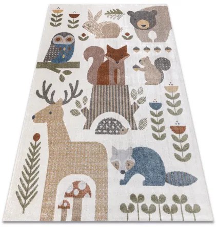 Dětský kusový koberec BONO 8425 Sova Jelen Medvěd Liška pratelný krémový hnědý Rozměr: 180x270 cm