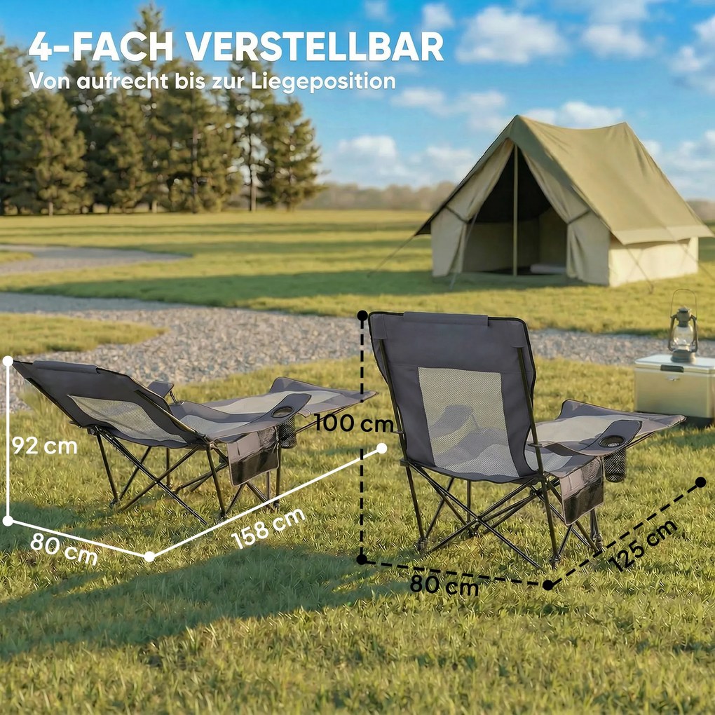 Outsunny sada 2 skládacích kempingových židlí – nastavitelná opěrka zad, opěrka nohou, držák na nápoj a opěrka hlavy, zahradní a plážové, nosnost 120…