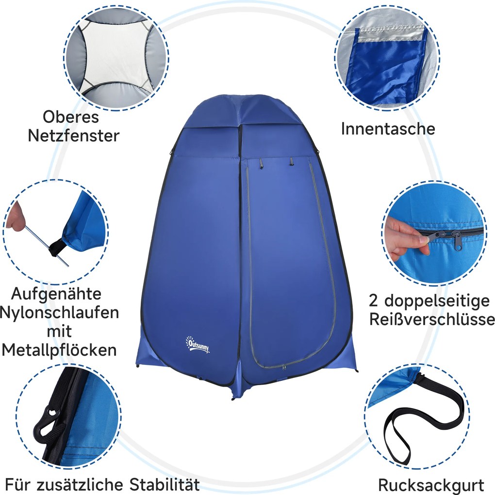Outsunny Pop up WC stan, 120 x 120 x 190 cm, Mobilní kempingový sprchový stan, Převlékací stan s vnitřní kapsou, Sprchový kout, Polyester, Tmavě modr…