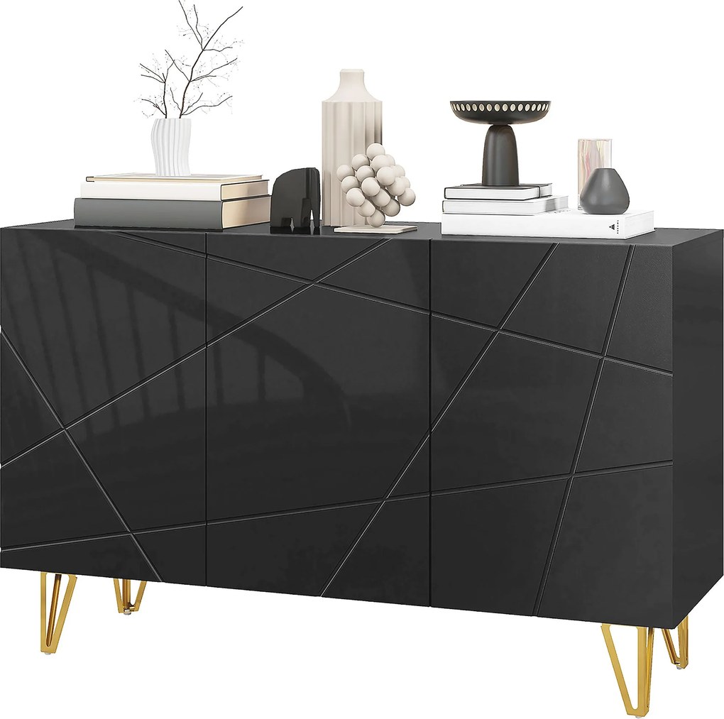 HOMCOM Kancelářský stolek do obývacího pokoje, záznamový stolek s 3 dveřmi a nastavitelnými policemi pro kuchyň 120x40x75 cm černý lesklý | Aosom