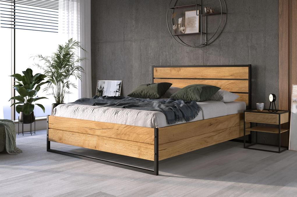BMS Group Luxusní postel Loft - Dubové dřevo + ocelový rám 200x160
